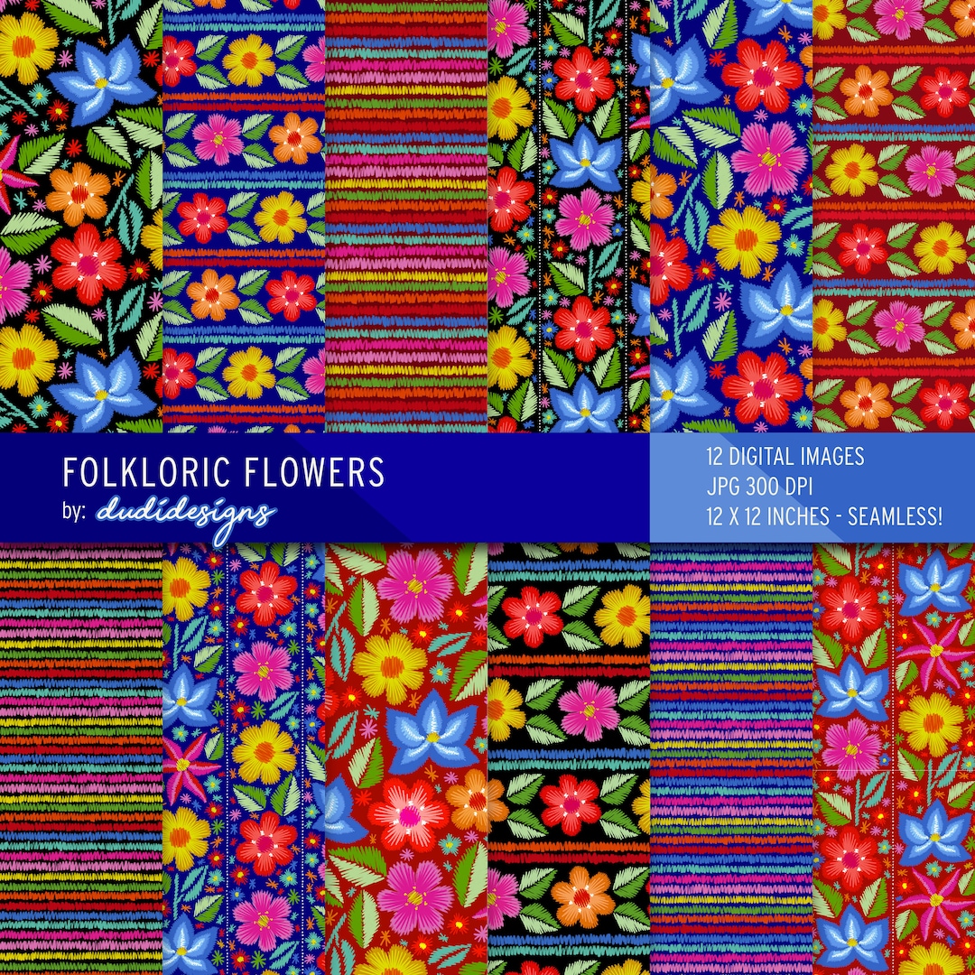 Folkloric Flowers Digital Paper Pack. Scrapbook Pages, Background ...