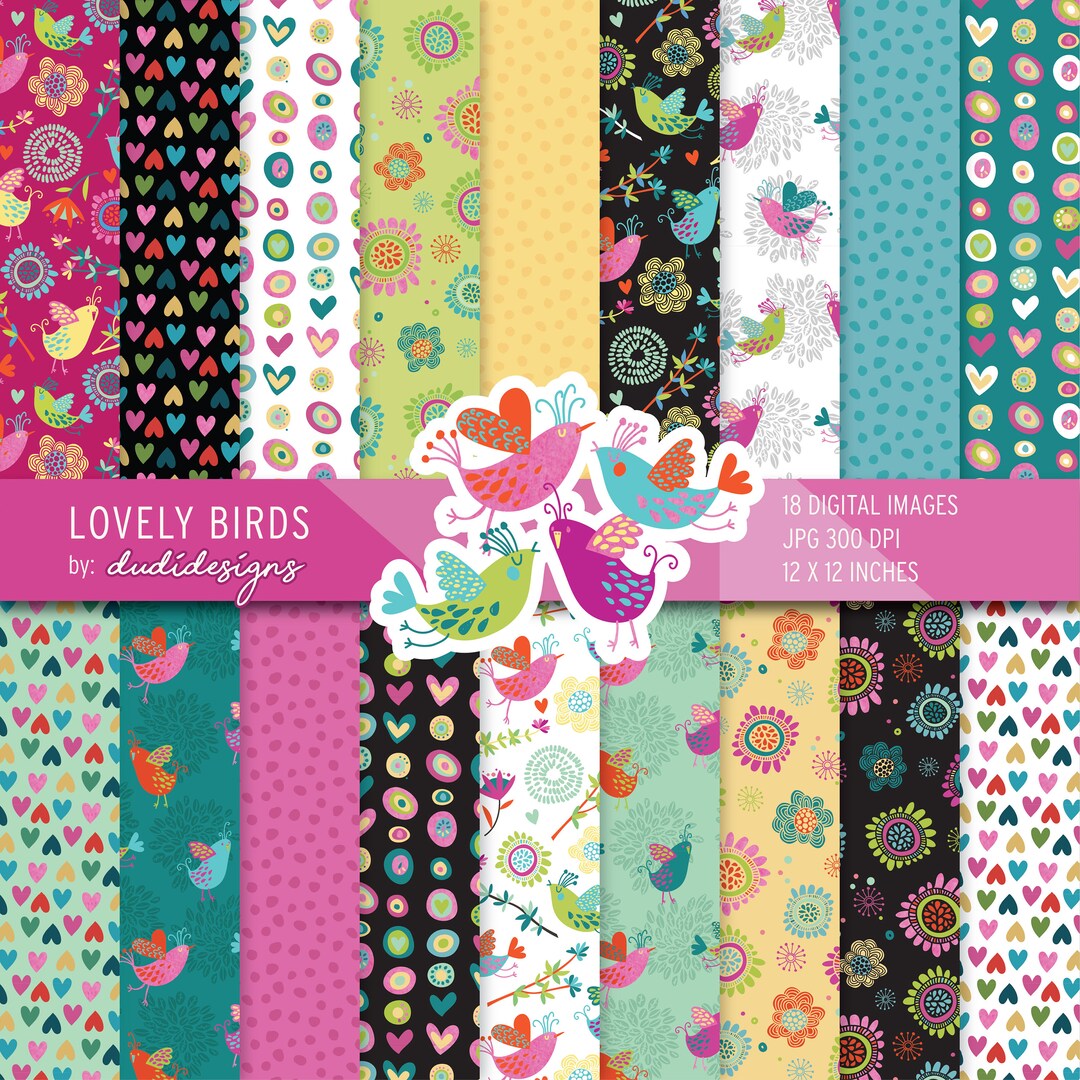 Cute Birds Digital Paper Pack. Scrapbooking Pages, Background ...