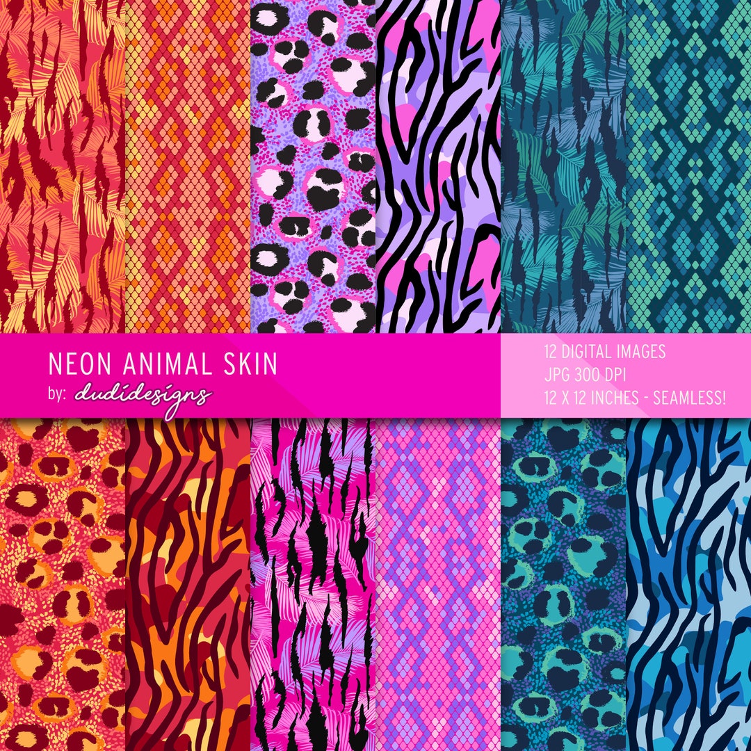 Neon Animal Skin Digital Paper Pack. Scrapbooking Pages, Background ...