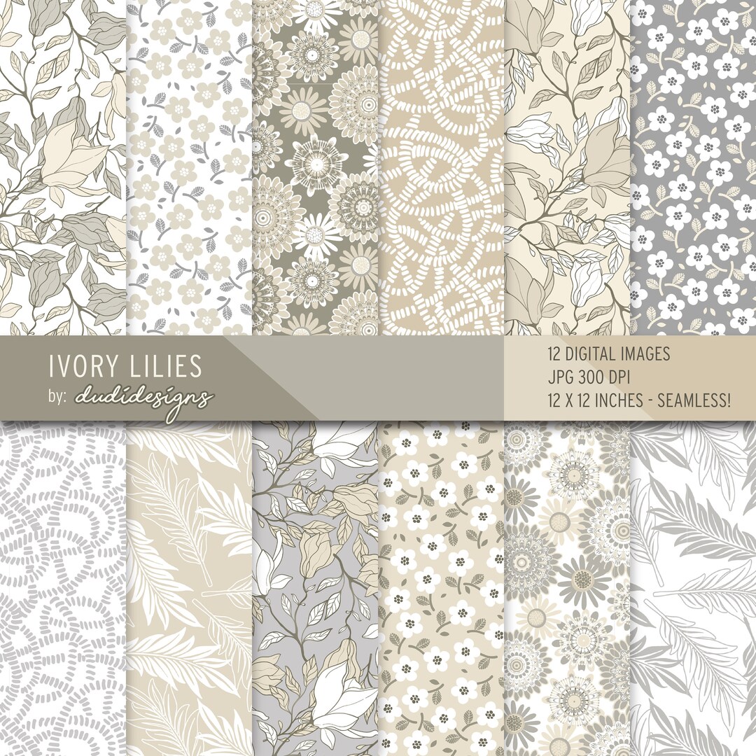 Ivory Lilies Digital Papers, Elegant, White, Beige Ditsy, Weddings ...