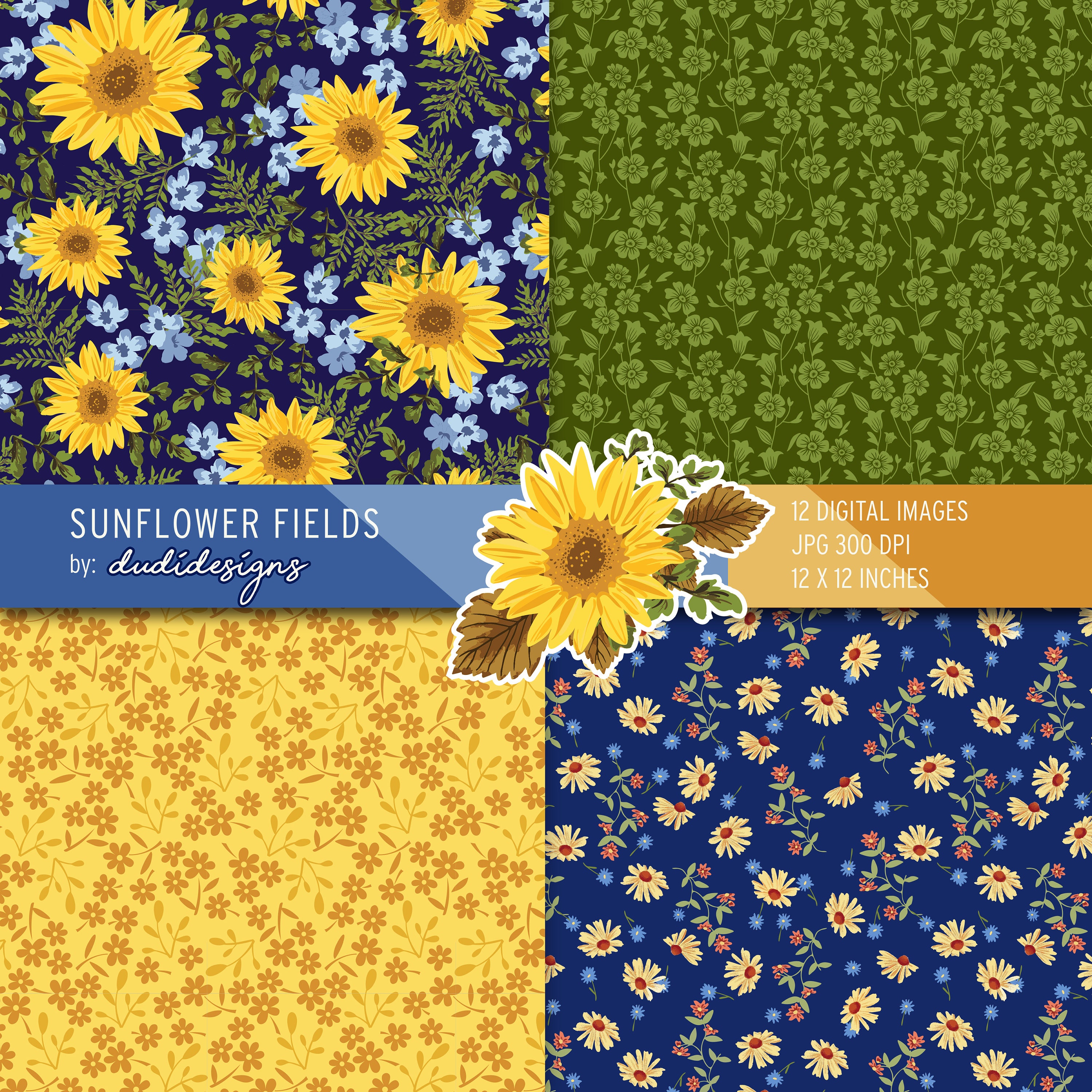 Sunflower Fields Floral Digital Paper Pack: Scrapbook & Fabric (instant ...