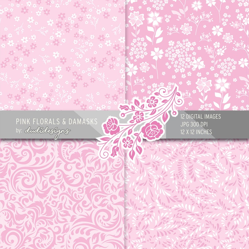 Pink Damask digital papers elegant pink white pink damask | Etsy
