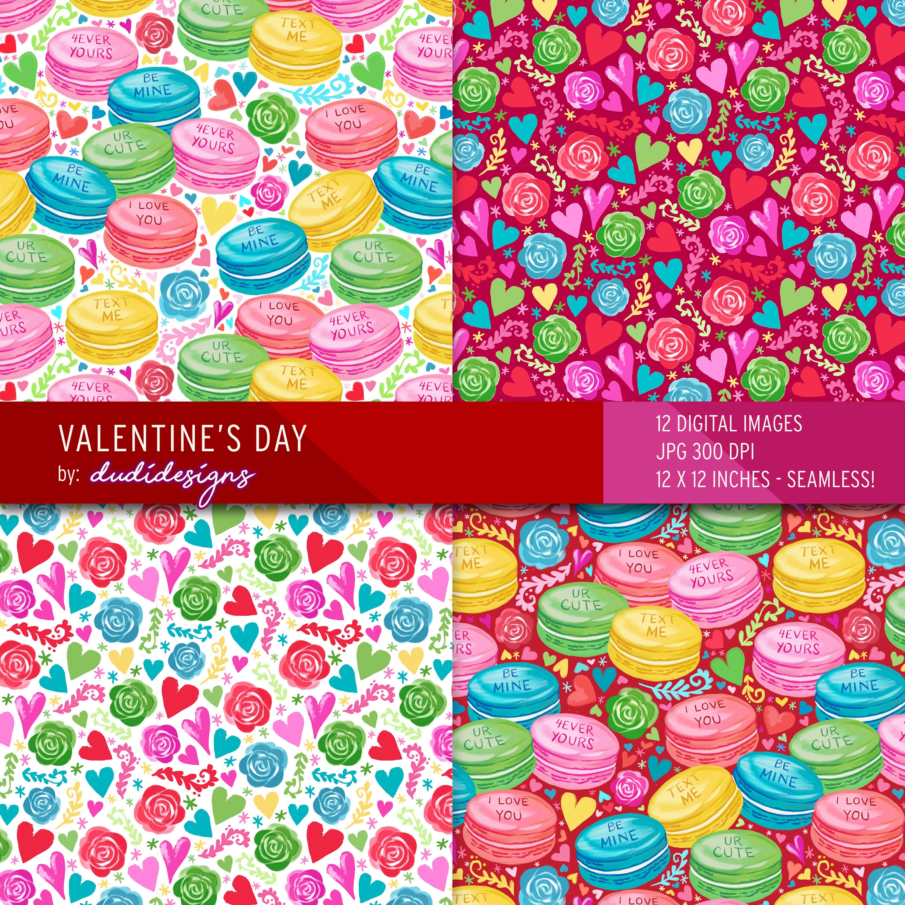 Valentine's Day Digital Paper Pack: Hearts, Roses, Macarons (digital ...