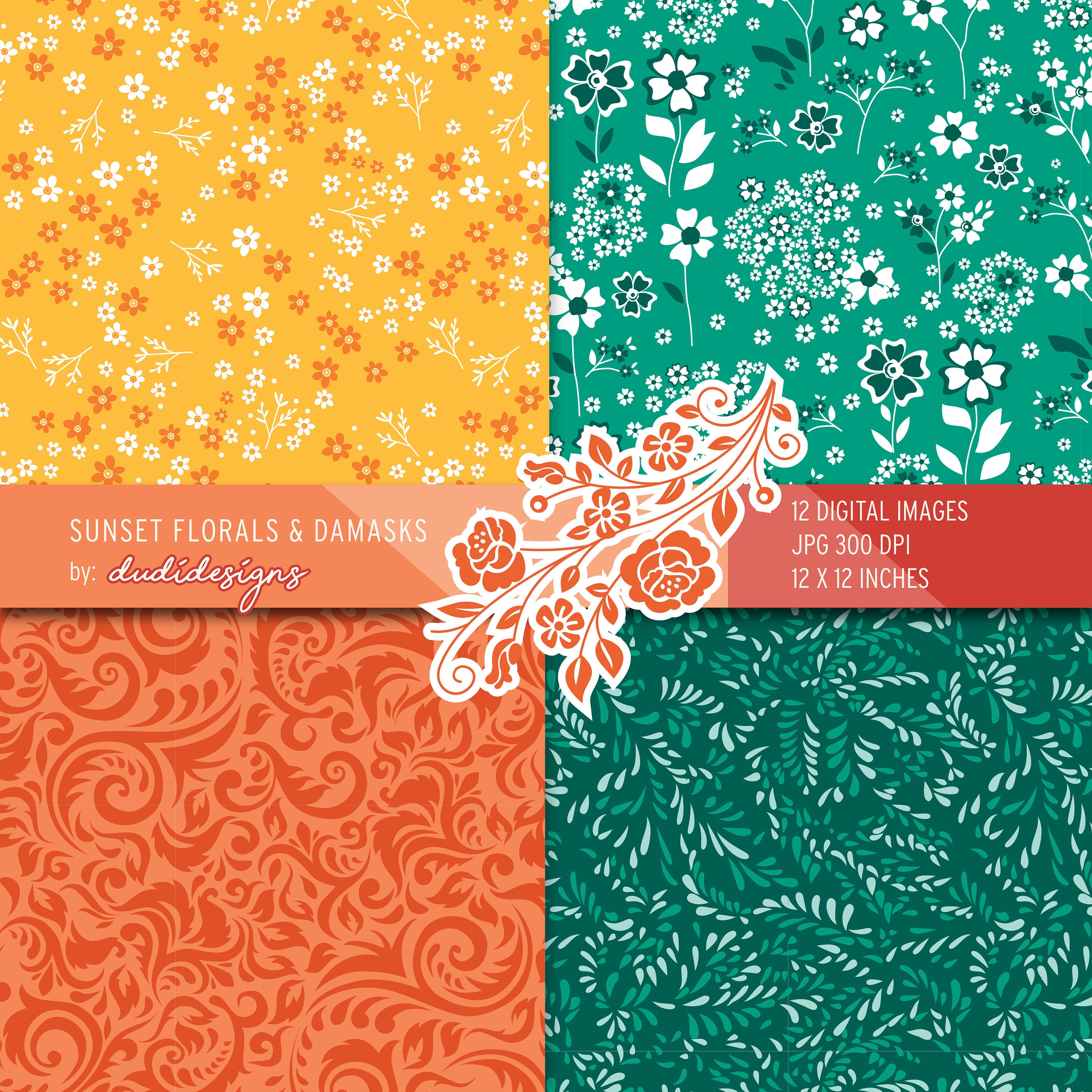 Autumn Damask Digital Papers Elegant Red Orange Yellow - Etsy
