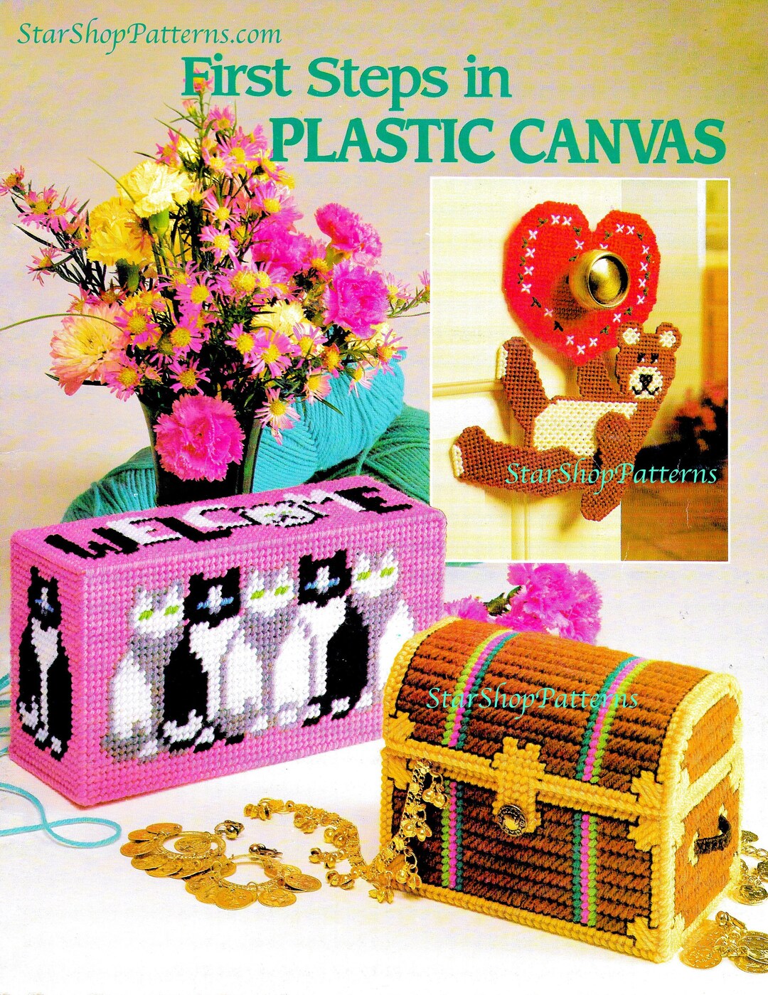 Vintage Plastic Canvas Pattern Book PDF • Treasure Chest Pattern Tissue Box Cover Pattern Cat ...