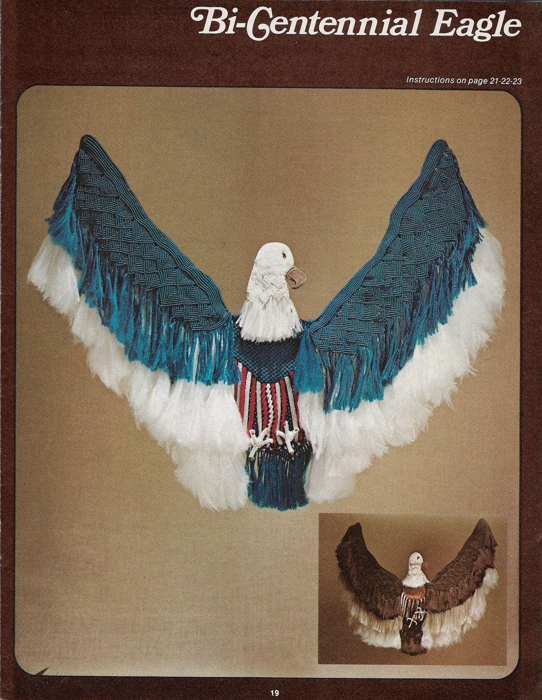 Bi-centennial Eagle • 1970s Macrame Animal Pattern Wall Art America ...