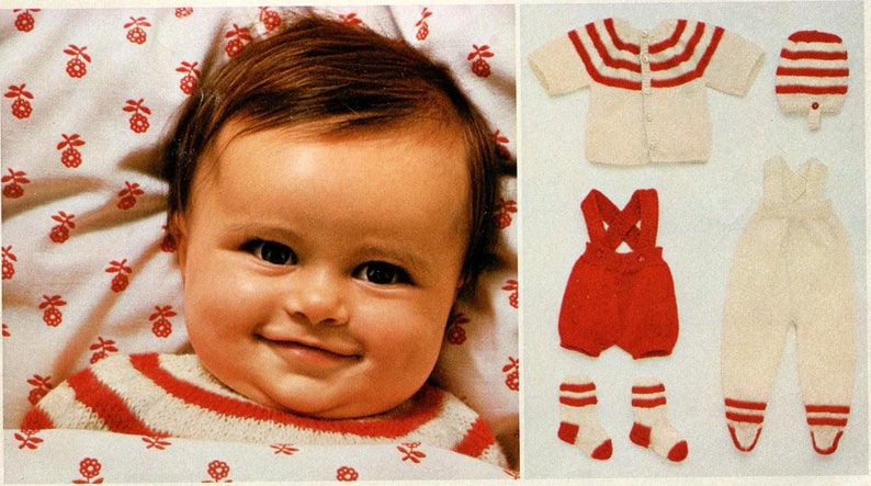 Baby's First Wardrobe • 1970s Knitting Boy's Girl's Sweater Hat Pattern ...