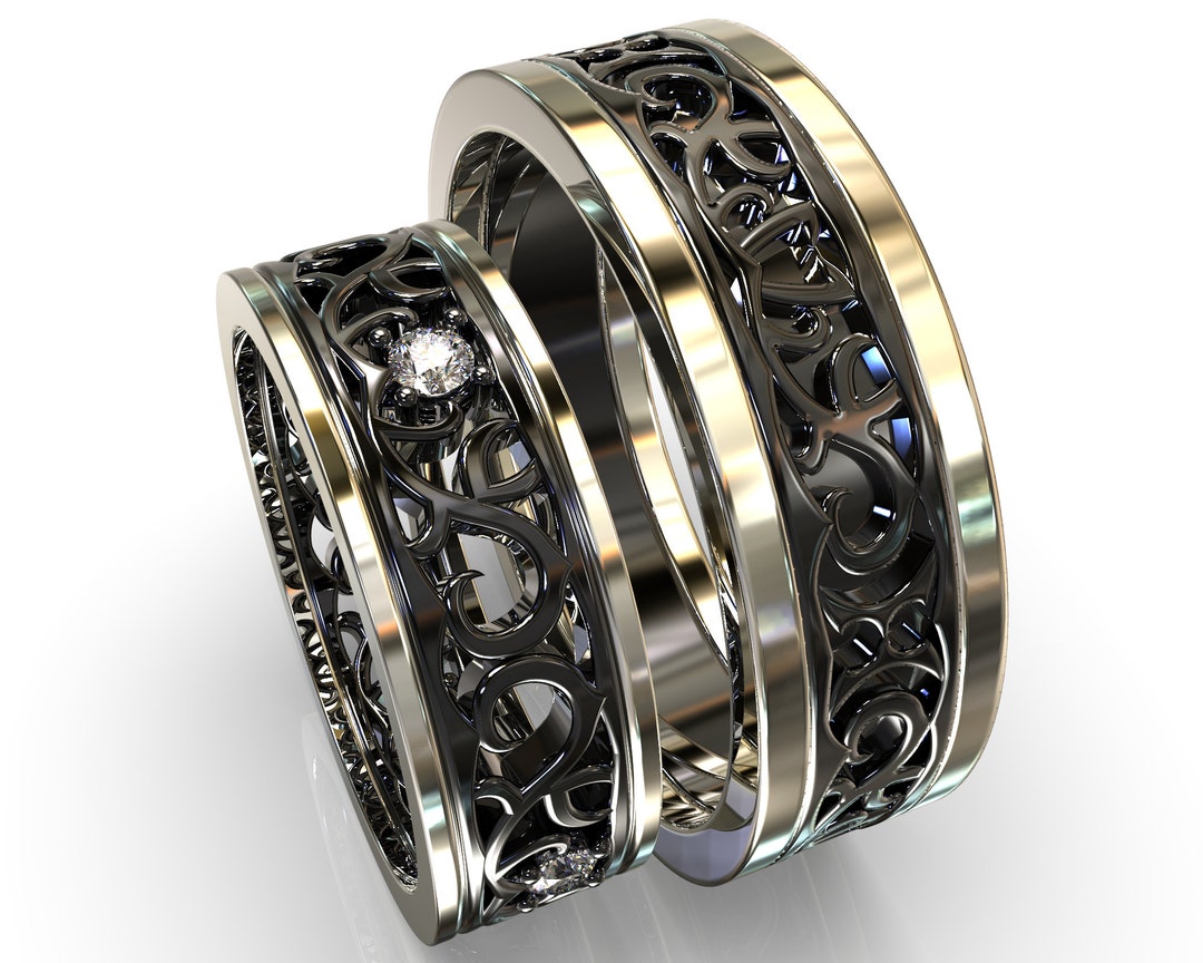 Black Wedding Ring Set / Unique Matching Wedding Band Set / - Etsy