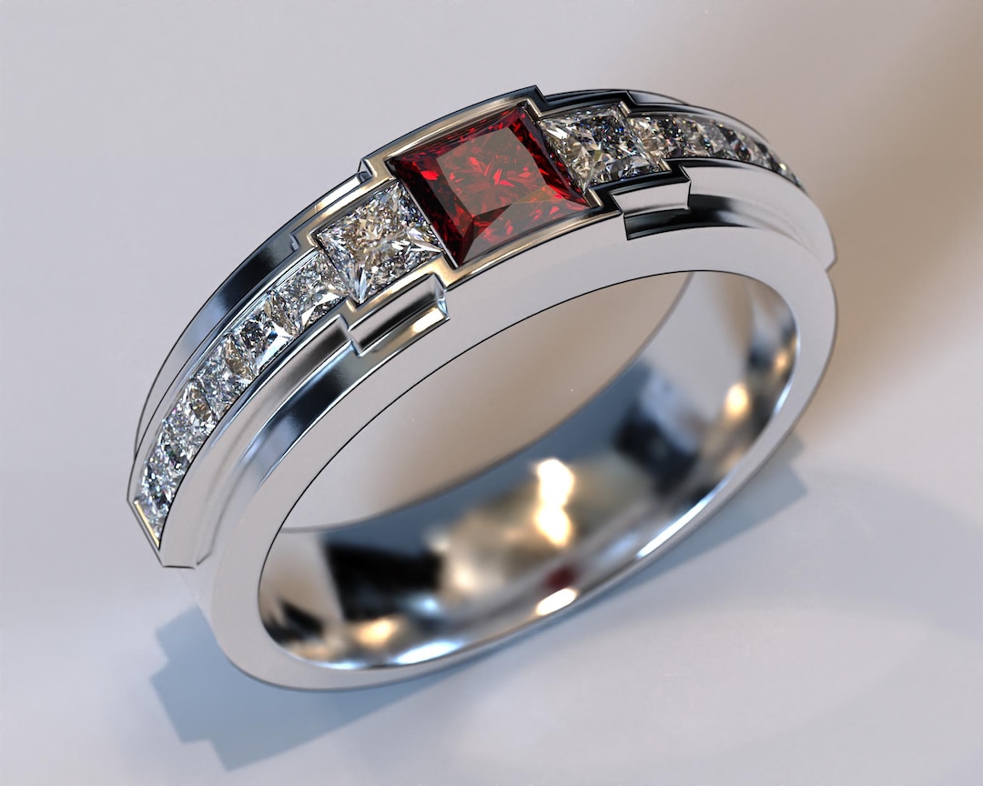 Ruby Diamond Mens Wedding Band / White Gold Wedding Band / Mens Ruby ...