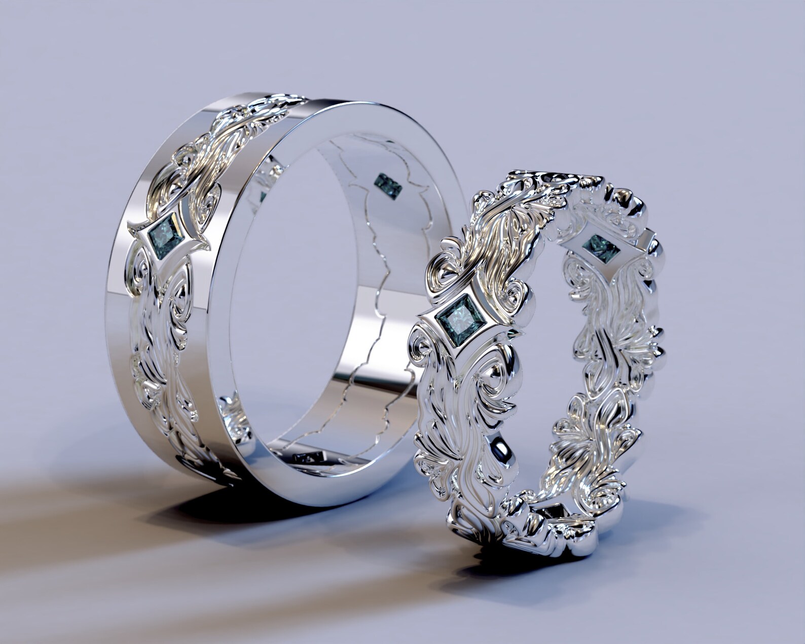 Blue Diamond Matching Wedding Bands Set / 14K White Gold Engagement ...