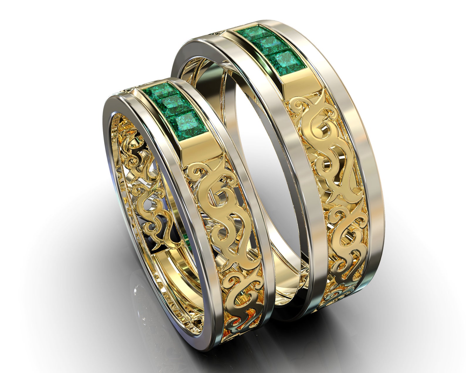 Emerald Wedding Band Two Tone Wedding Band Set Unique - Etsy