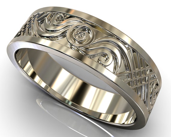 Filigree Wedding Band / Mens White Gold Wedding Band / - Etsy