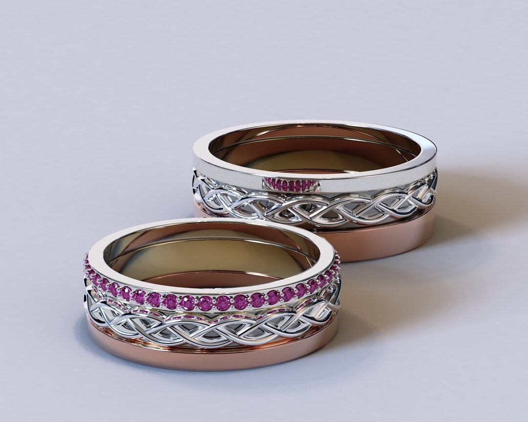 Ruby Wedding Ring Set / Matching Wedding Rings / Celtic Wedding Band ...