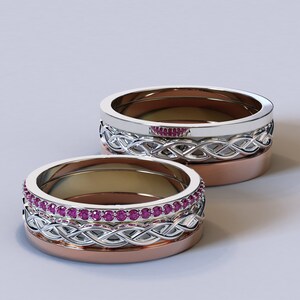 Ruby Wedding Ring Set / Matching Wedding Rings / Celtic Wedding Band ...