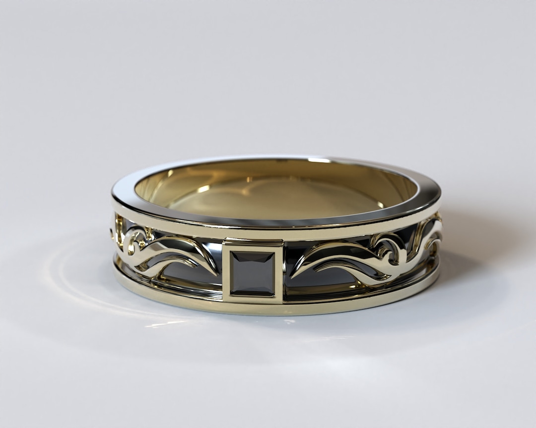 Black and Gold Ring Men's / Black Diamond Men Wedding Band / Engraved ...