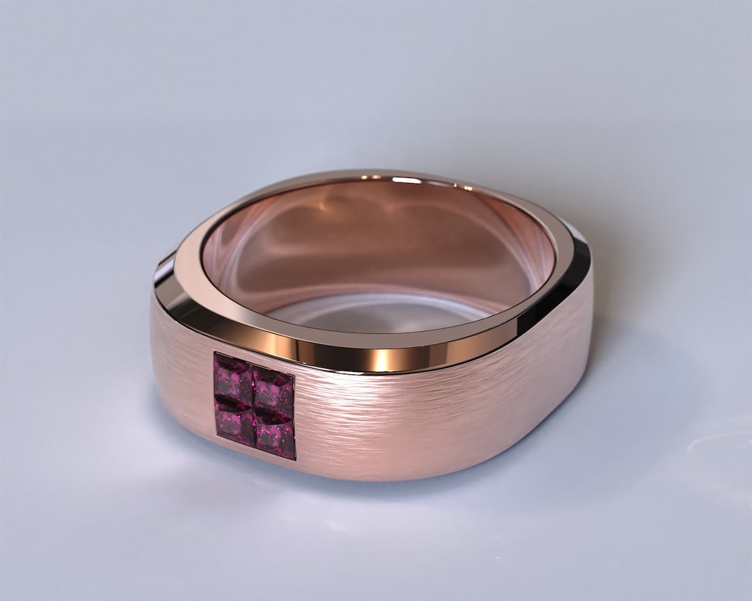Brushed Gold Wedding Band With Ruby for Men / Mens Ruby Ring / Rose ...