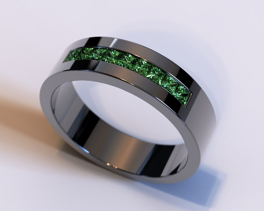 Emerald Man Wedding Band / Emerald Man Ring / Black Gold Mens Wedding ...