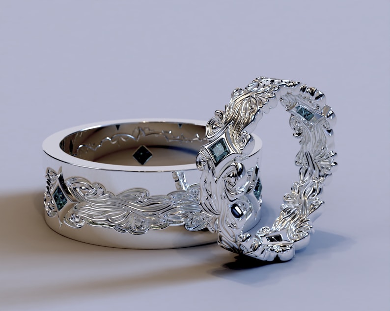 Blue Diamond Matching Wedding Bands Set / 14K White Gold Engagement ...