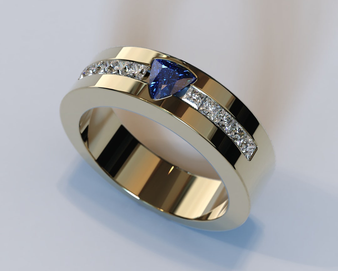 Gold Sapphire Ring / Mens Gold Wedding Band / Mens Sapphire Wedding ...