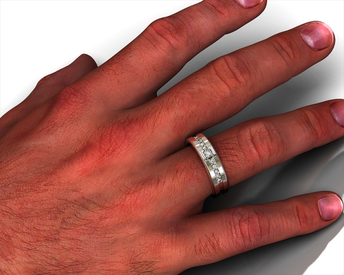 Mens White Gold Wedding Band / Unique Mens Diamond Wedding | Etsy