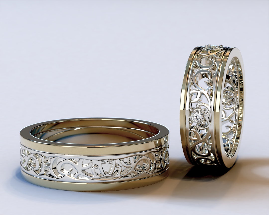 Two Tone Wedding Ring / Men's Wedding Band / Diamond Wedding Band Set ...