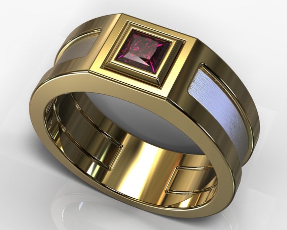 Mens Ruby Ring / Mens Gold Wedding Band / Unique Mens Wedding | Etsy
