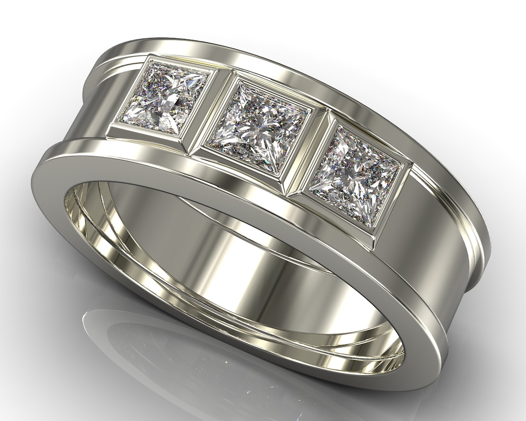 Mens Three Stone Ring / Mens Diamond Wedding Band / Mens - Etsy