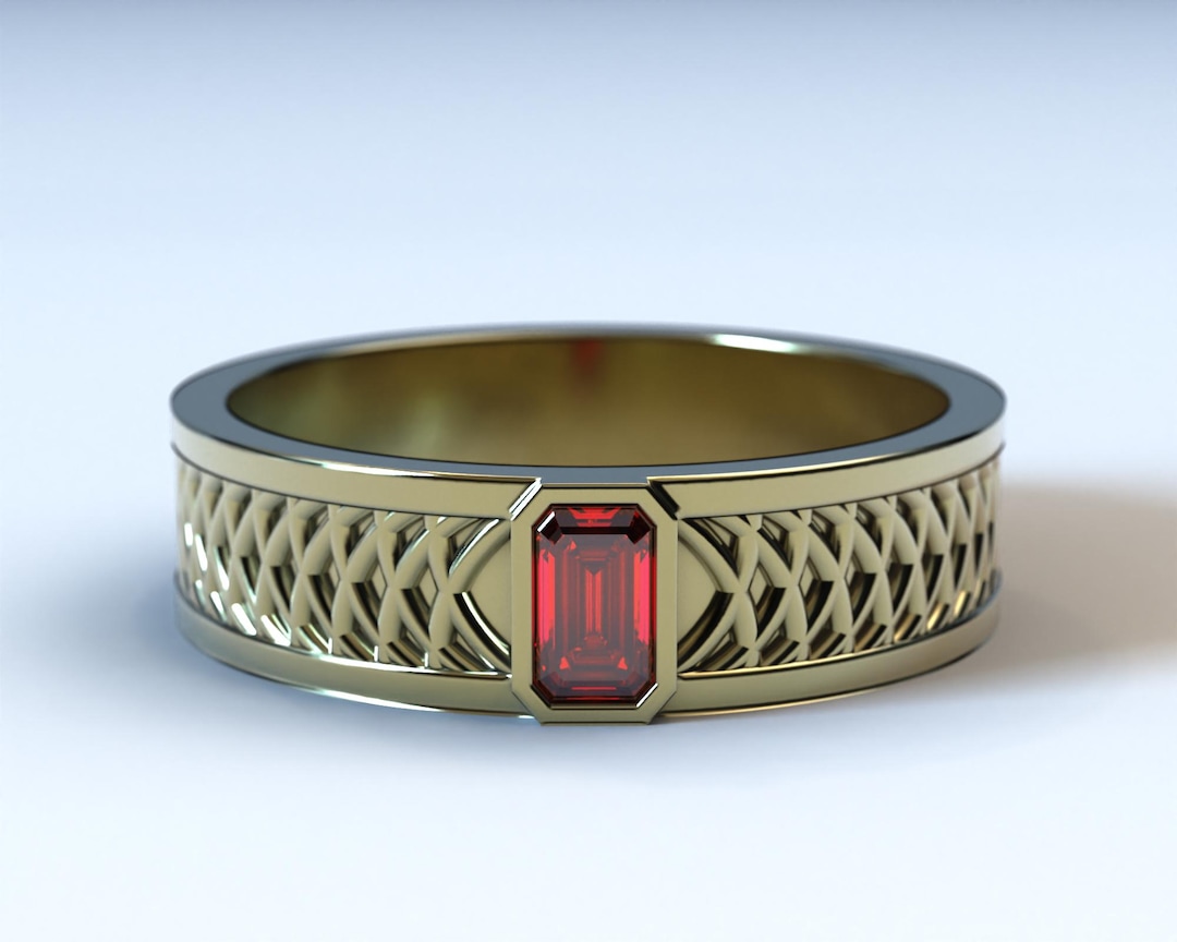 Mens Ruby Ring / Red Ruby Gold Mens Wedding Band / Engraved Gold ...