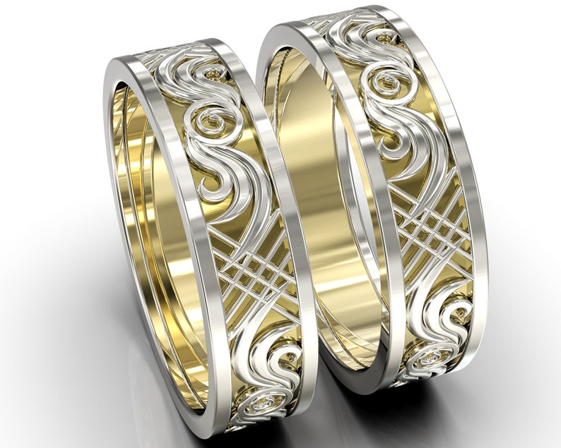 two-tone-wedding-band-set-minimalist-diamond-band-unique-etsy