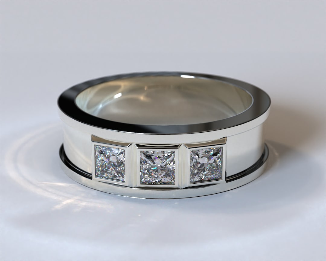 Mens Three Stone Ring / Mens Diamond Wedding Band / Mens Classic ...