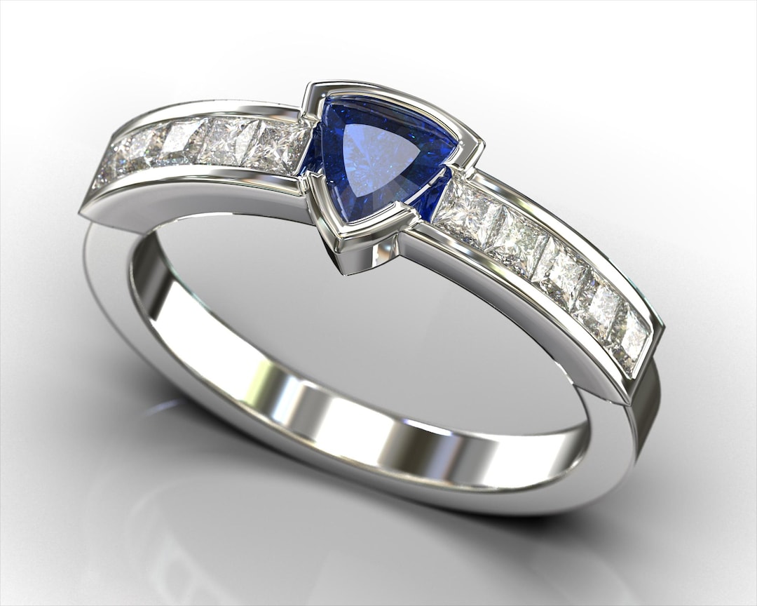 Trillion Cut Blue Sapphire Engagement Ring With Diamonds in 14K White ...