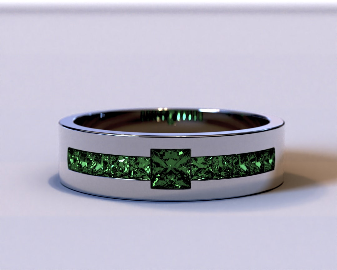 Man Emerald Ring / Custom Emerald Wedding Bands Men's / White Gold Mens ...