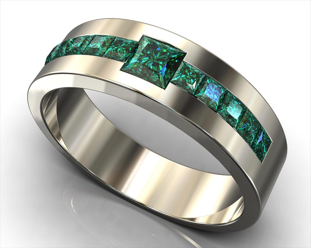 Man Emerald Ring / Custom Emerald Wedding Bands Men's / White Gold Mens ...