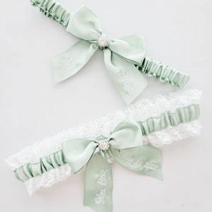 Sage Green Embroidered Bridal Garter Set, Floral Lace, Satin Ribbon - Etsy