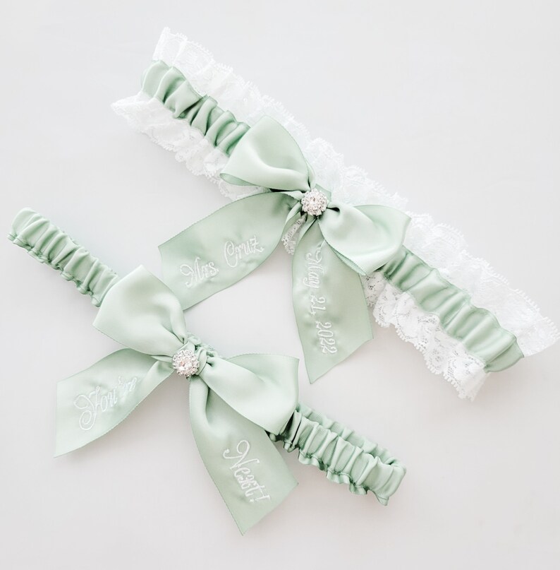 Sage Green Embroidered Bridal Garter Set, Floral Lace, Satin Ribbon - Etsy