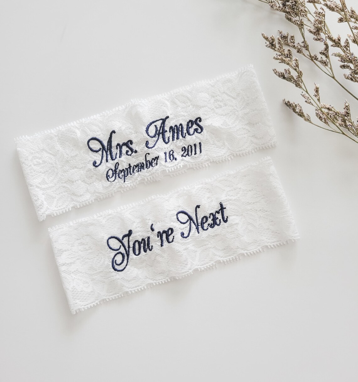 Embroidered Lace Bridal Garter Set, White Lace Personalized Garter, You ...