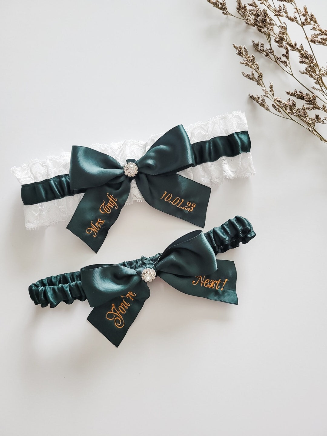 Forest Green Personalized Bridal Garter Set, Embroidered Wedding Garter ...