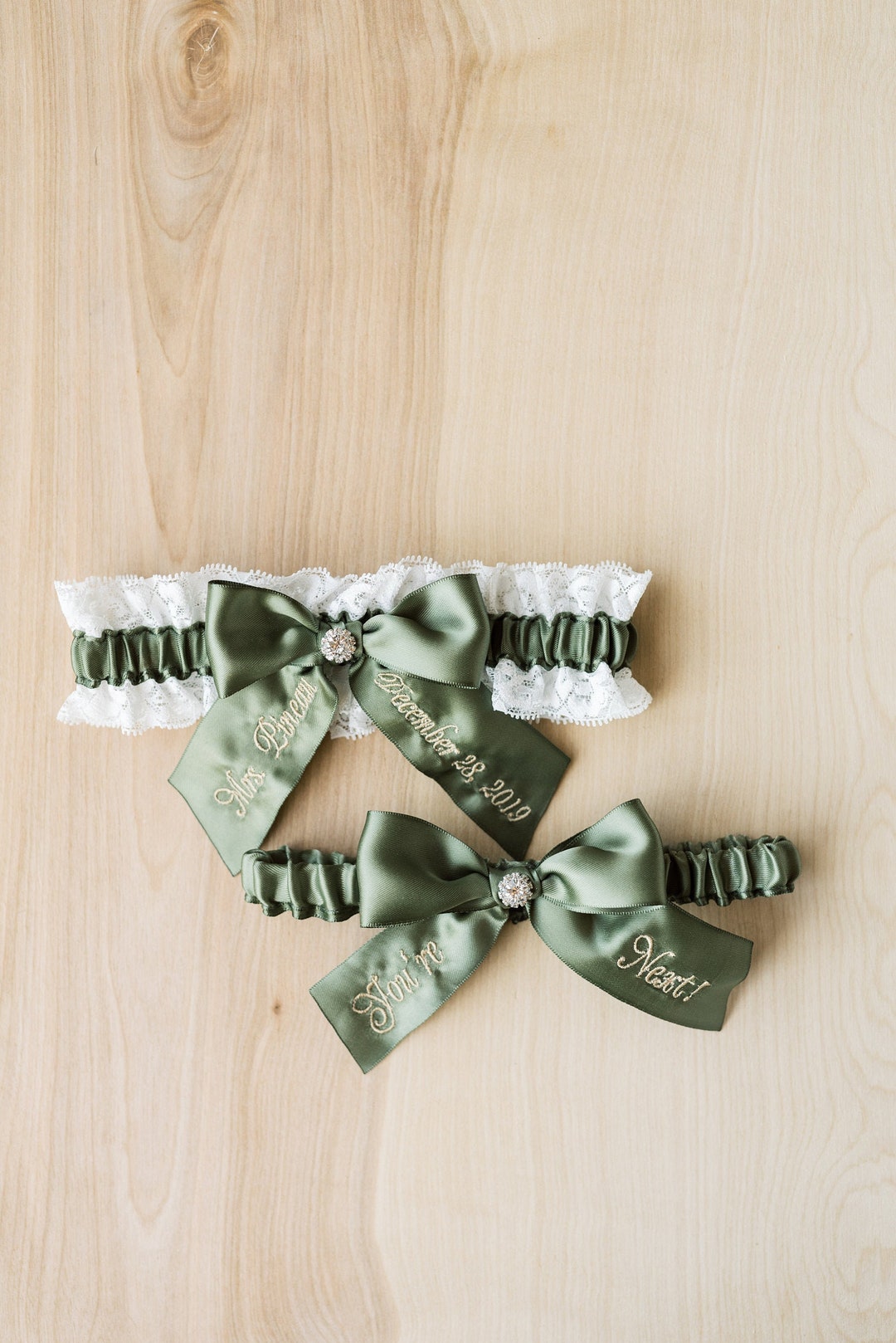 Moss Green Embroidered Bridal Garter Set With White Lace, You're Next ...