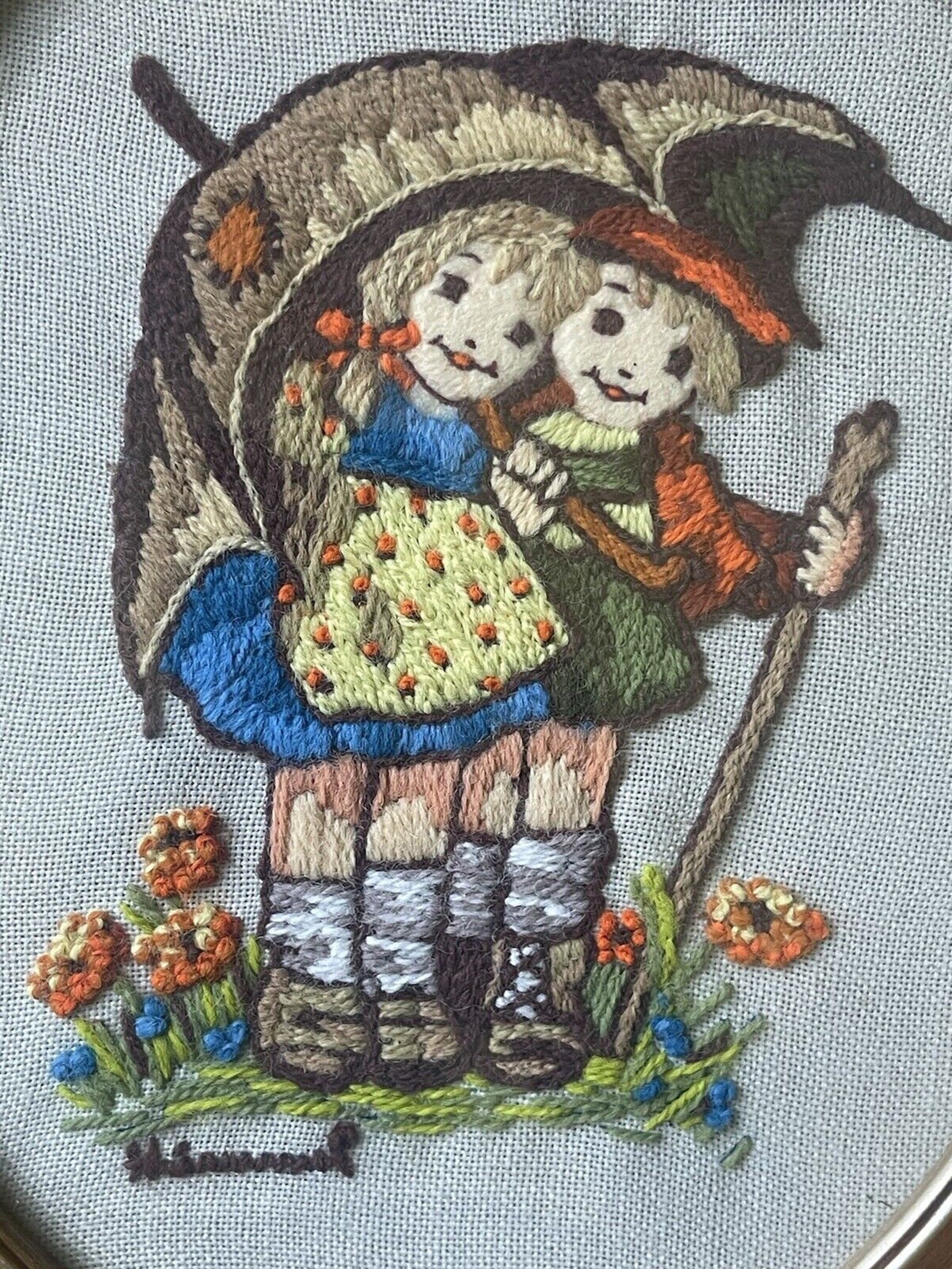 Vintage Hummel Crewel Embroidery Wall Hanging Girl Boy Umbrella Wood ...