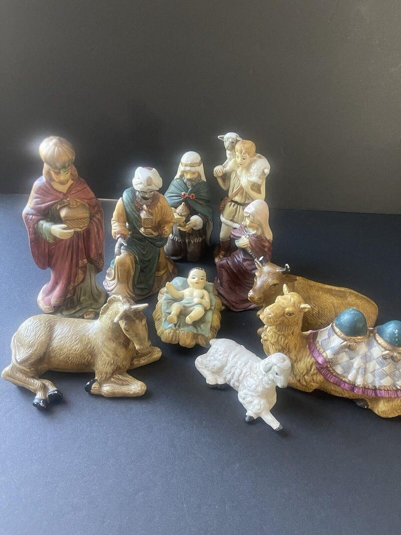 Vintage Porcelain Bisque Nativity Holy Family 10 Piece Set Religious ...