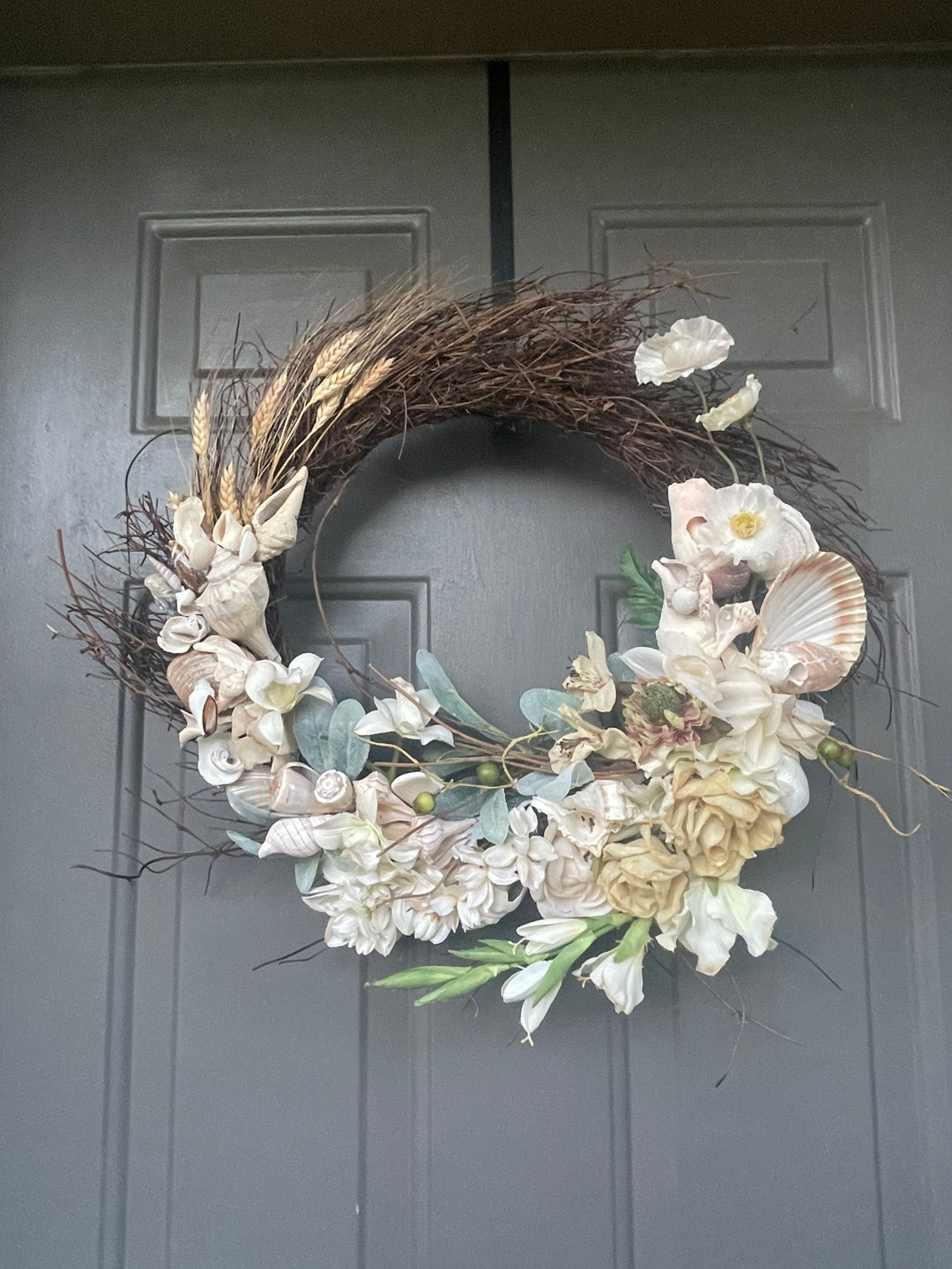Beachy Wheat Poppy Shell Grapevine Round Asymmetrical Wreath - Etsy