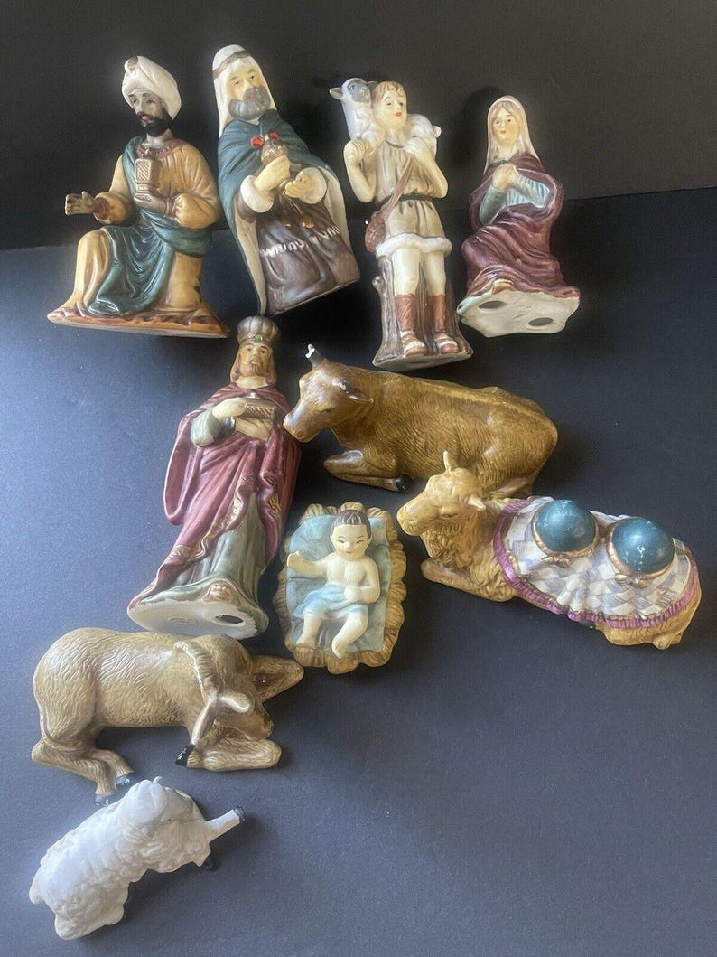 Vintage Porcelain Bisque Nativity Holy Family 10 Piece Set Religious ...