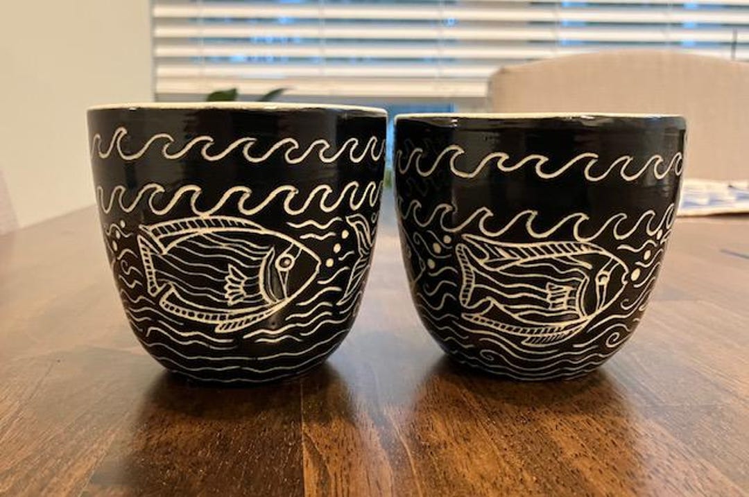 Handmade Black and White Sgraffito Fish in Ocean Ceramic Pottery ...