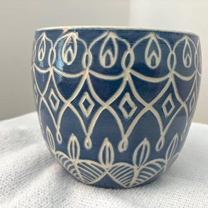 Ceramic Sgraffito Blue and White Pottery Cup - Etsy