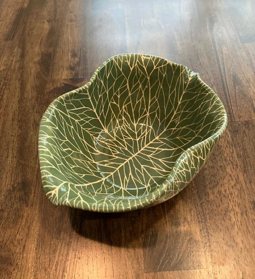 Handmade Ceramic Leaf Pottery, Green and White Sgraffito Carved Bowl ...
