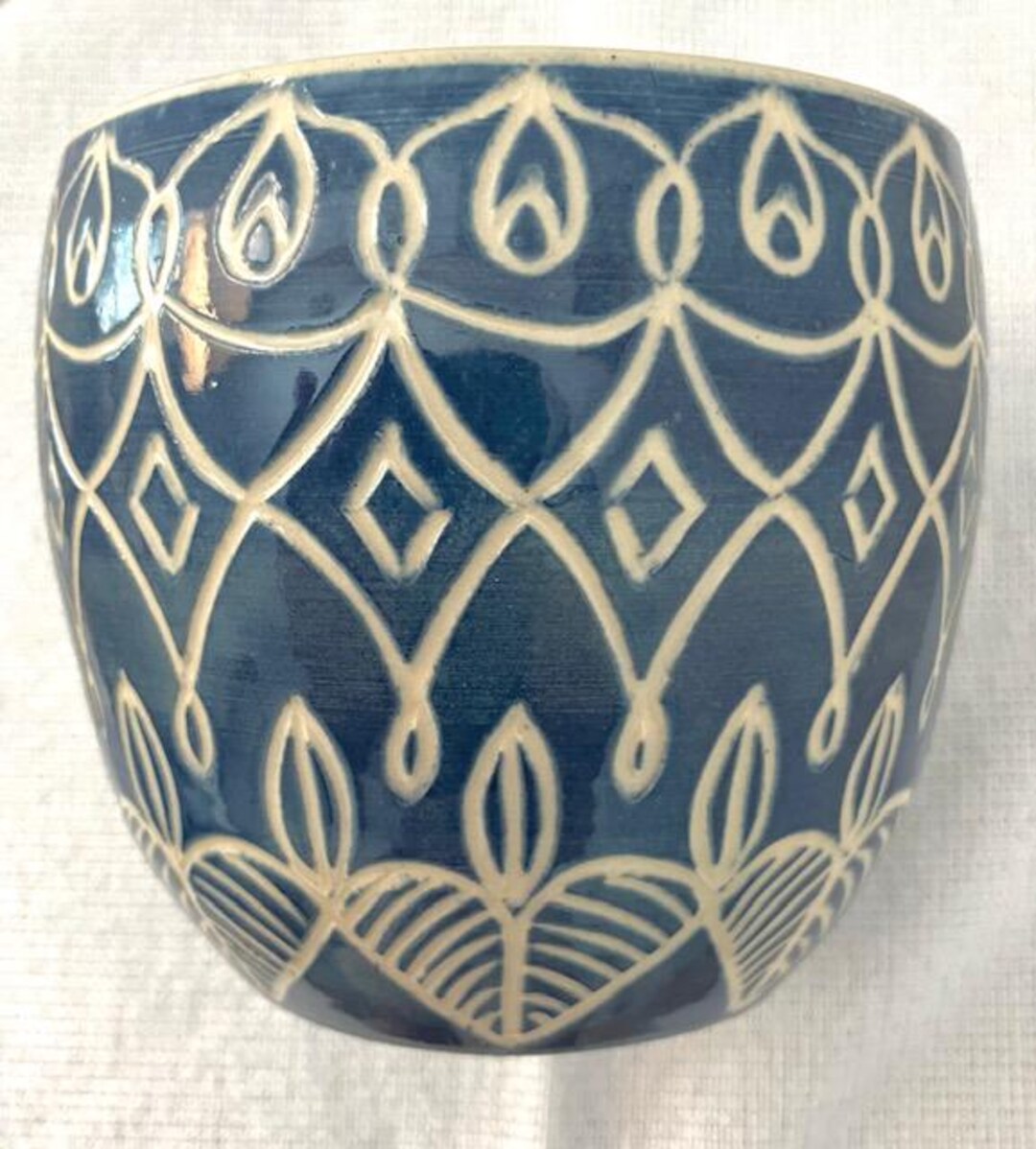 Ceramic Sgraffito Blue and White Pottery Cup - Etsy