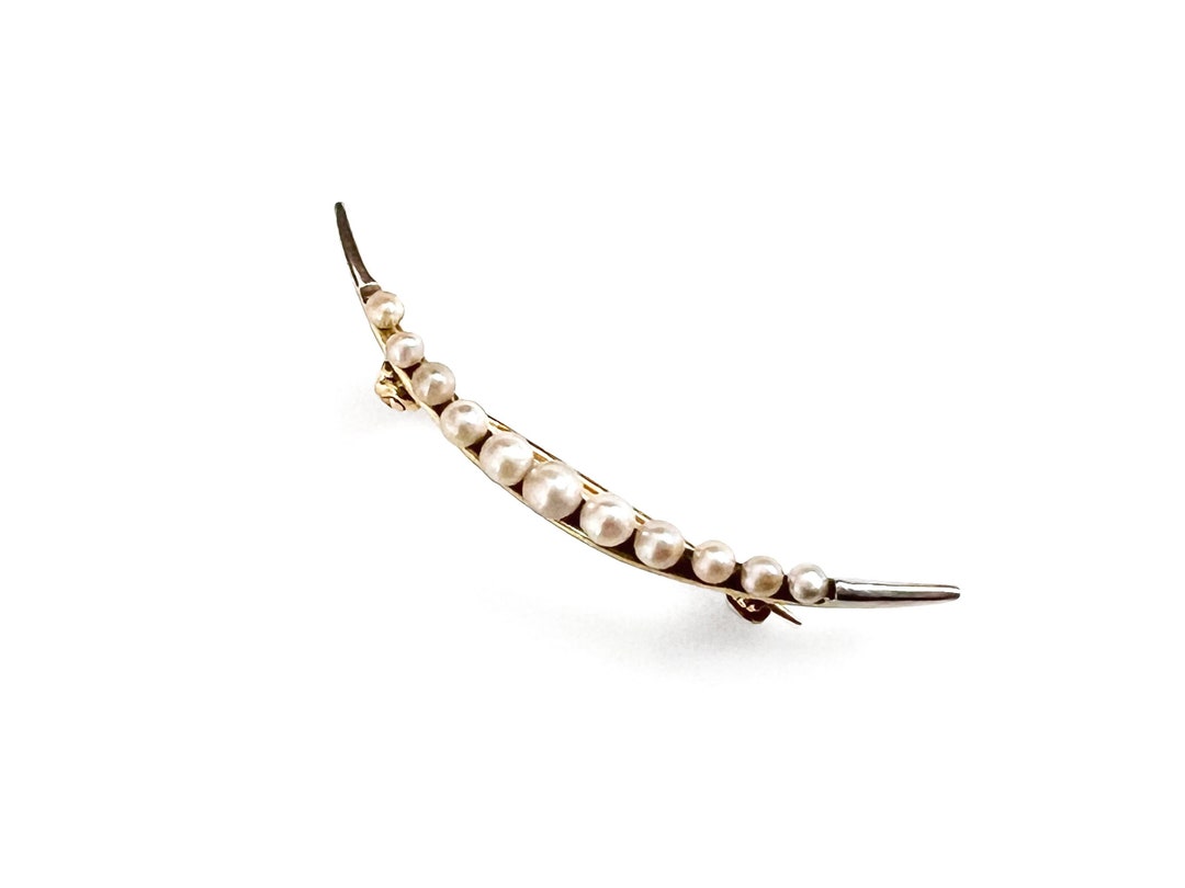 Antique 14K Gold Crescent Moon Brooch Set With Seed Pearls - Etsy
