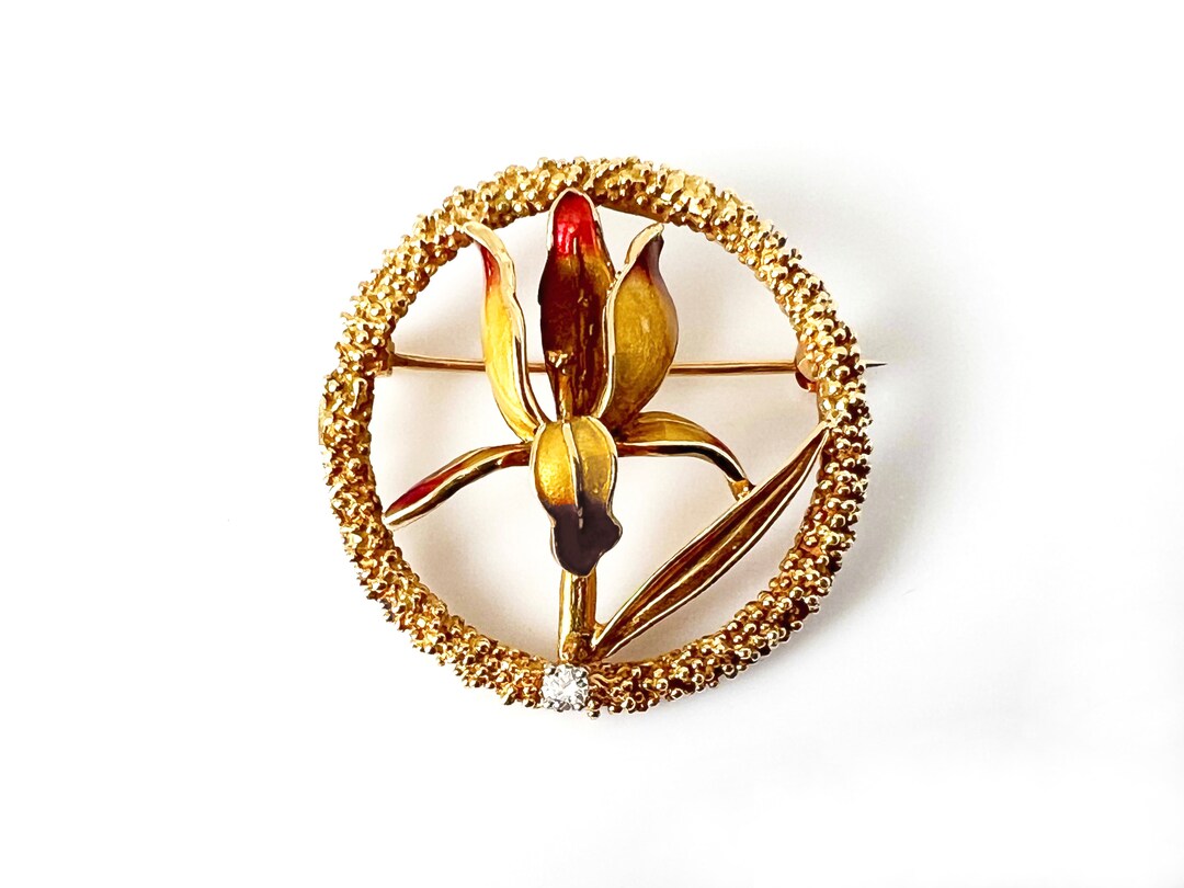 Merrin 18K Gold With Enamel Iris Brooch Set With A Diamond - Etsy
