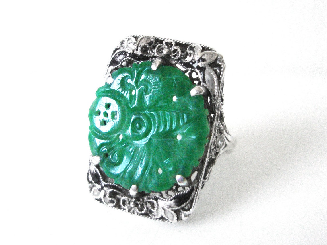 Chinese Carved Jade Ring Set in Sterling Silver Size 7 - Etsy