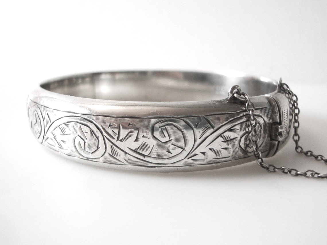 English Engraved Sterling Silver Hinged Bangle Bracelet - Etsy